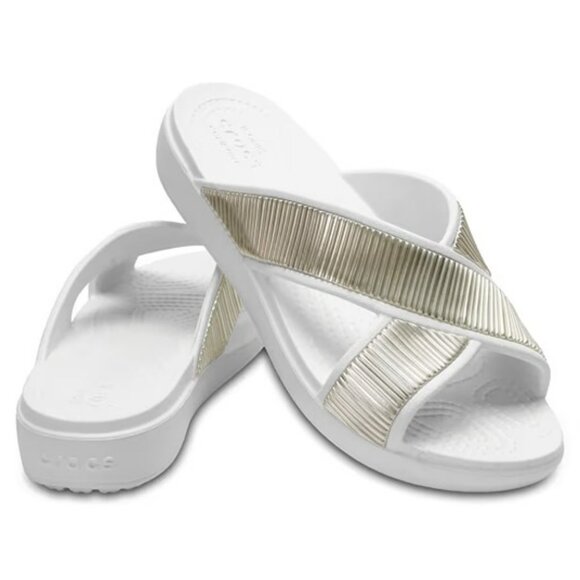 CROCS | Shoes | Crocs Sloane White Silver Cross Strap Slide Sandals Sz ...